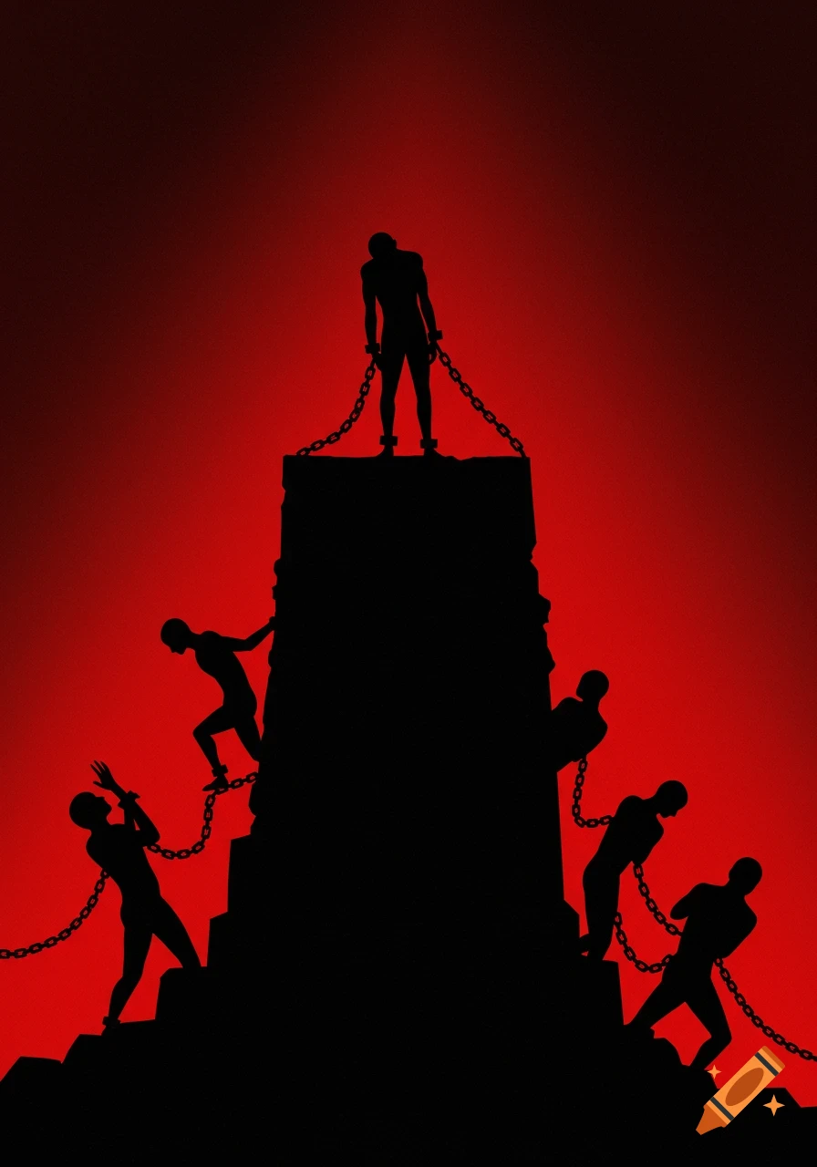Silhouette figures chained together, climbing a structure against a red ...