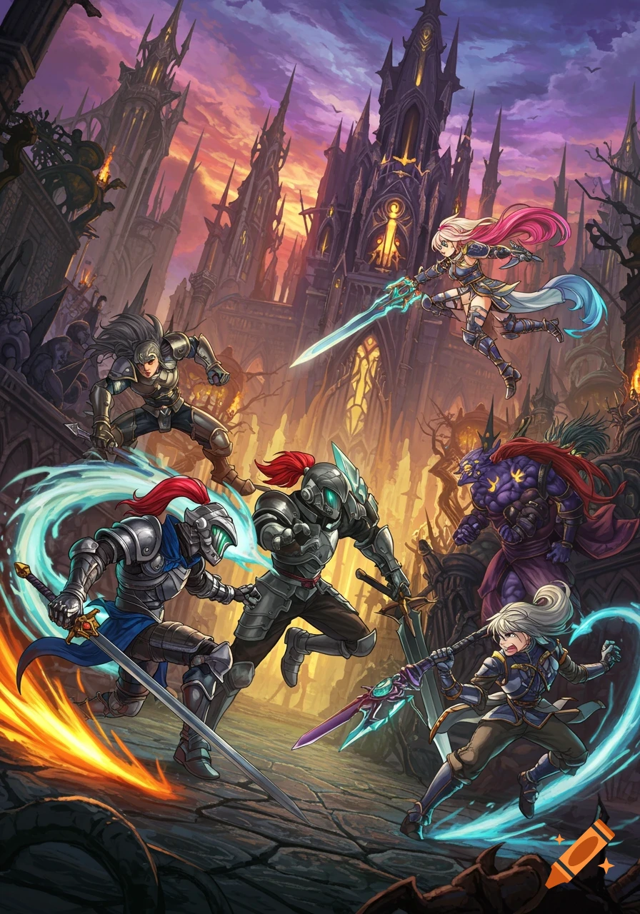 Crowd of diverse anime-style characters fighting with colorful energy ...