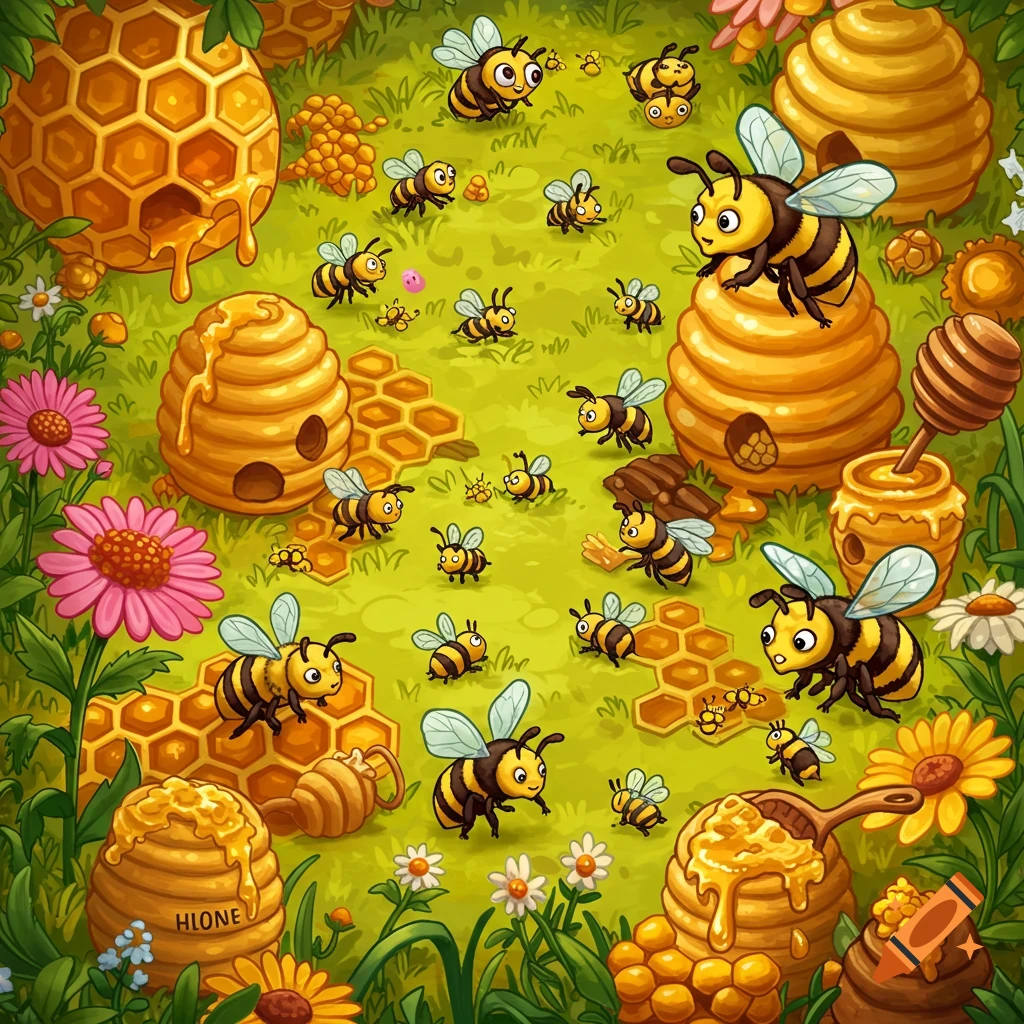 Illustration of a honey bee flying near a wooden beehive and pink ...