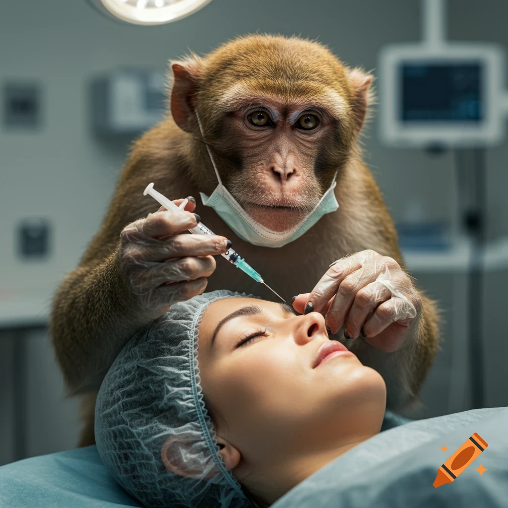 Photorealistic image of a monkey wearing a surgical mask and gloves ...