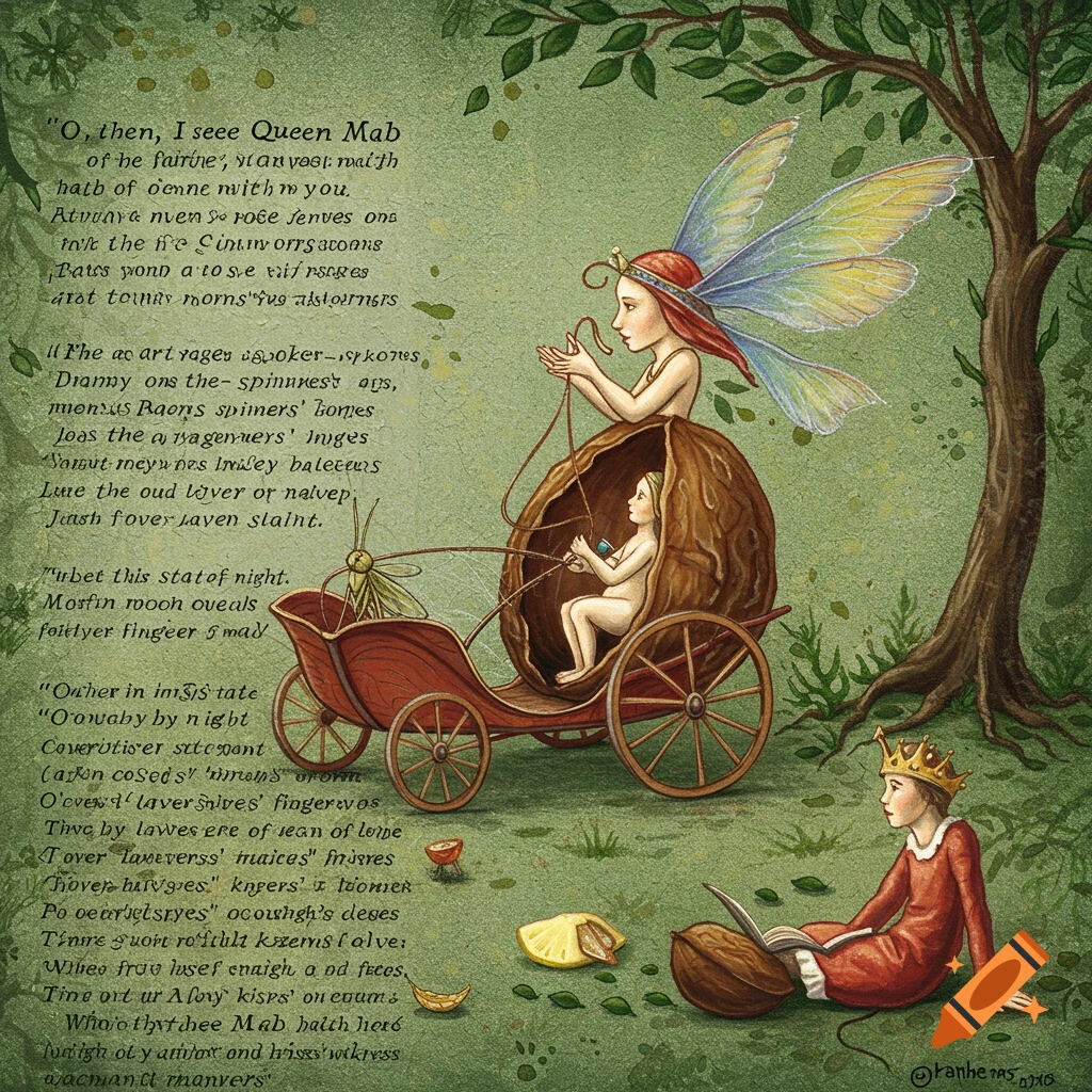 Queen Mab's chariot description from Romeo and Juliet Act 1 Scene 4. Fairies midwife with waggon ...