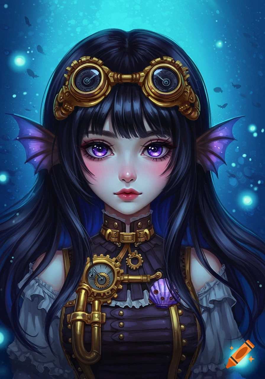 Anime girl with black hair, purple eyes, and steampunk mermaid outfit ...