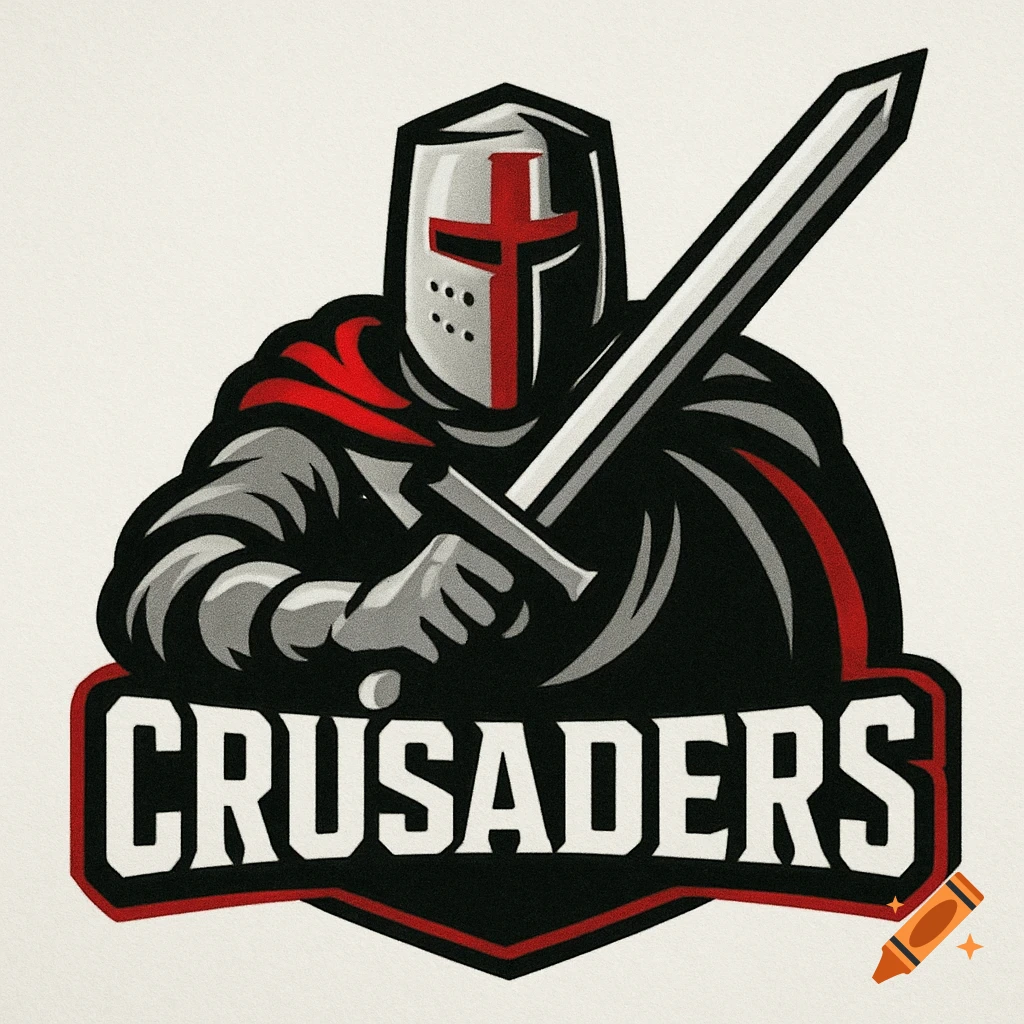 A stylized logo featuring a crusader knight holding a sword, with the ...