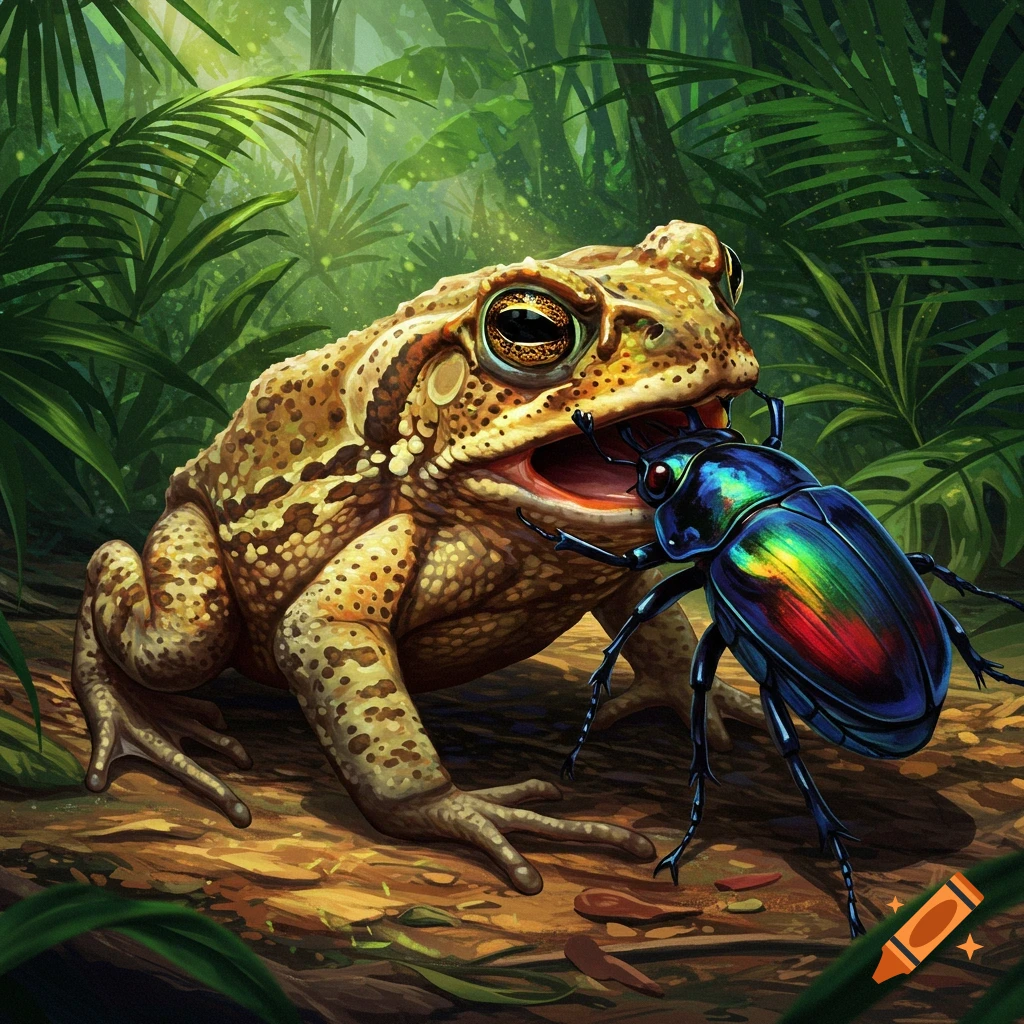 A cane toad eating an iridescent beetle in a jungle. on Craiyon