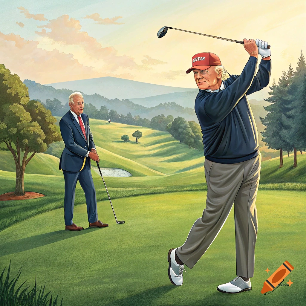 Two men on a golf course, one swinging a club, in an illustration style ...