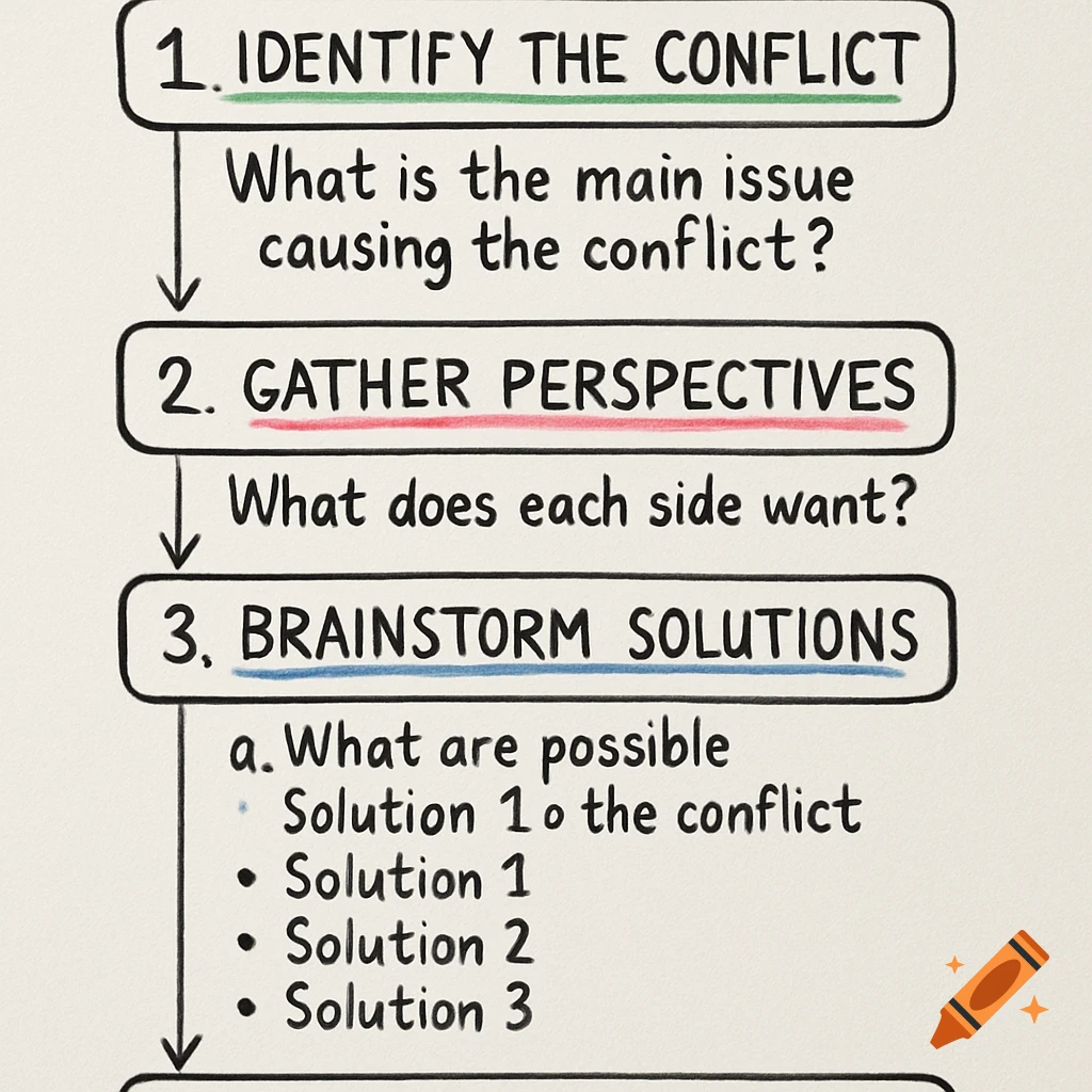 Conflict resolution steps infographic on Craiyon