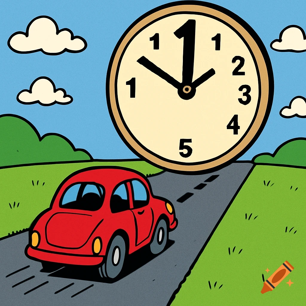 Cartoon car driving into clock with number one on Craiyon