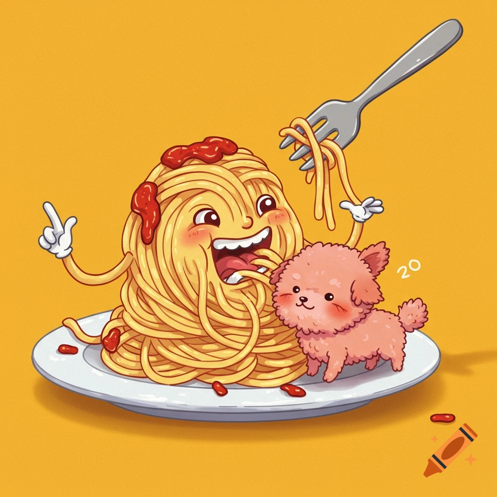 Cartoon spaghetti character with a face and legs sits on a plate on Craiyon