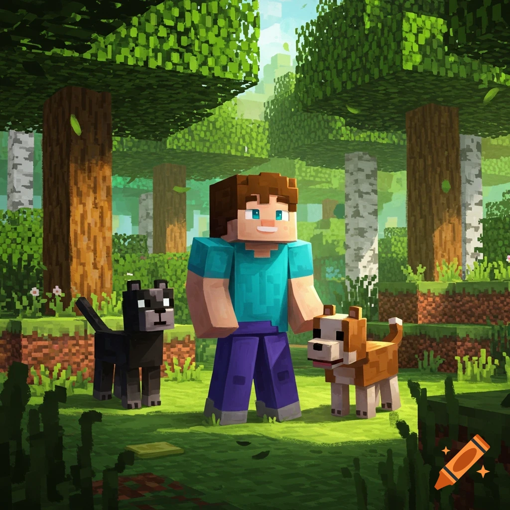 Minecraft character in forest with cat and dog mobs on Craiyon