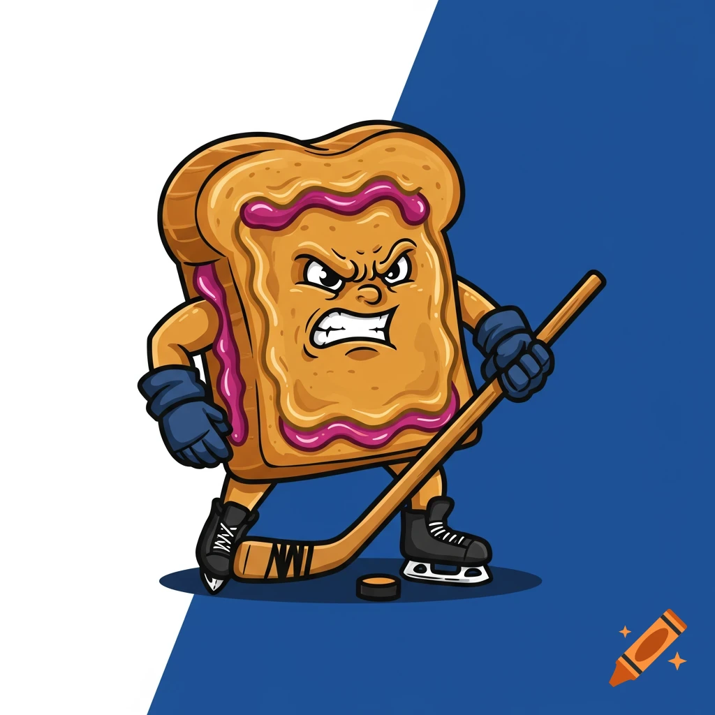 Angry cartoon peanut butter and jelly sandwich character playing hockey ...