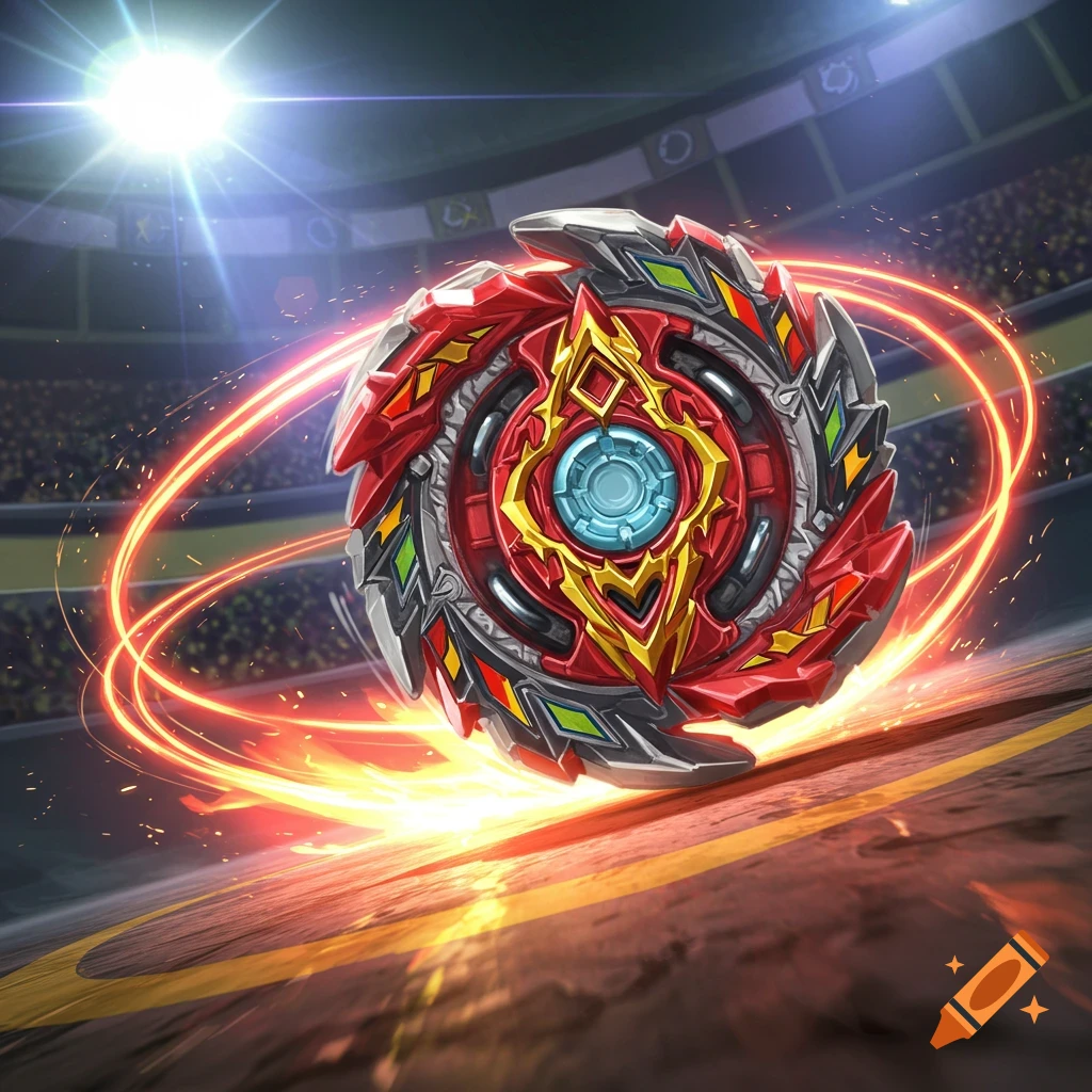 A dynamic shot of a red, blue, and gold Beyblade spinning with electric ...