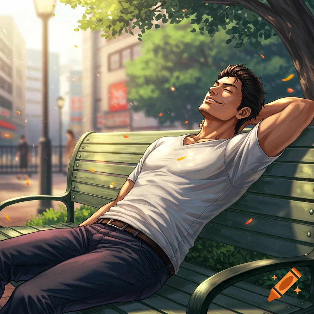Anime picture of a man relaxing on a park bench in the sun. on Craiyon