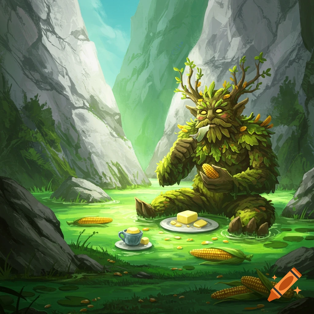 A leafy green monster creature sits in a swamp between mountains ...