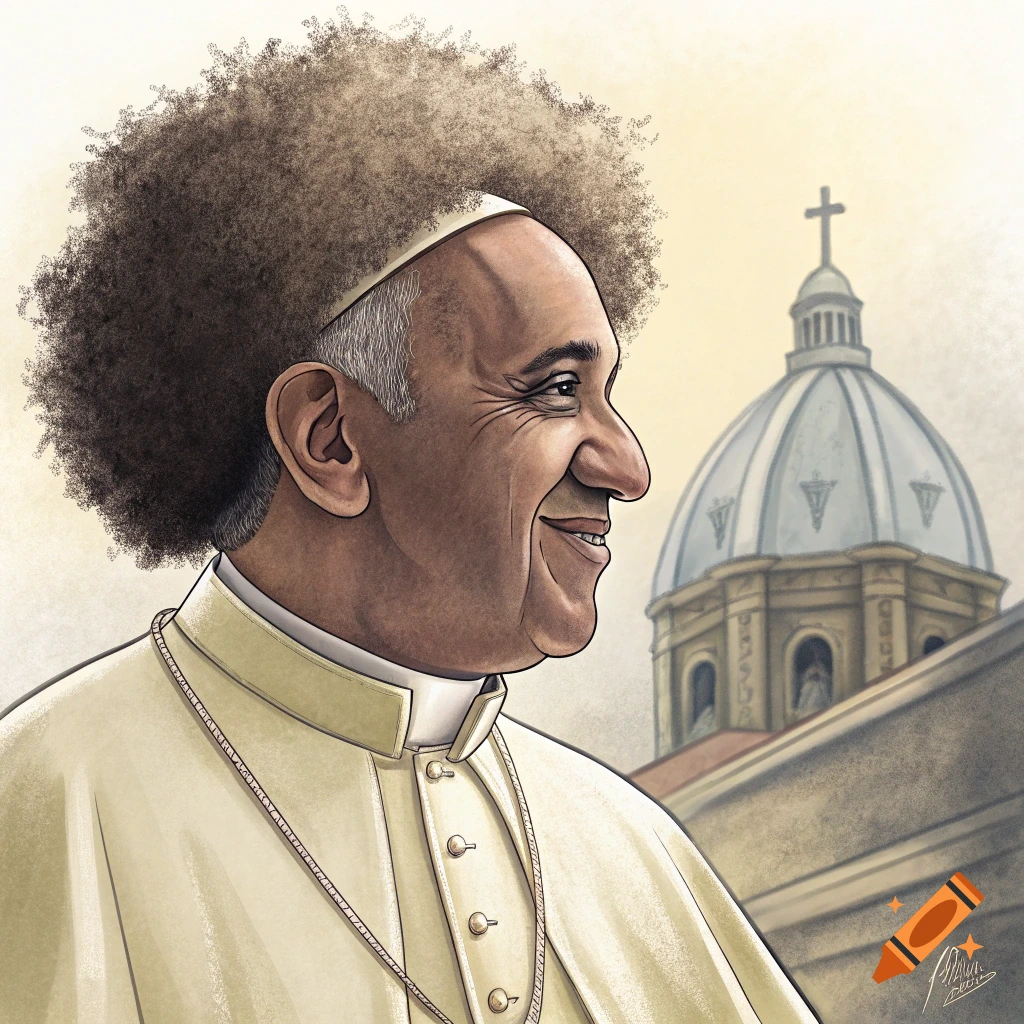 Illustration of Pope Francis with a large afro hairstyle in front of a ...