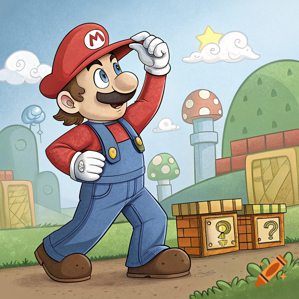 Cartoon illustration of Mario running and shooting a flamethrower at enemies in a Super Mario ...