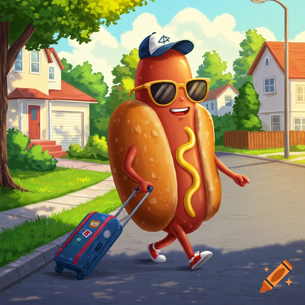 Hotdog walking down a street pulling a suitcase on wheels on Craiyon