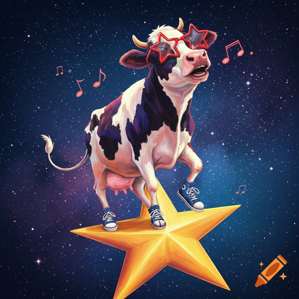 A cartoon cow with star sunglasses and shoes dances on a golden star in ...
