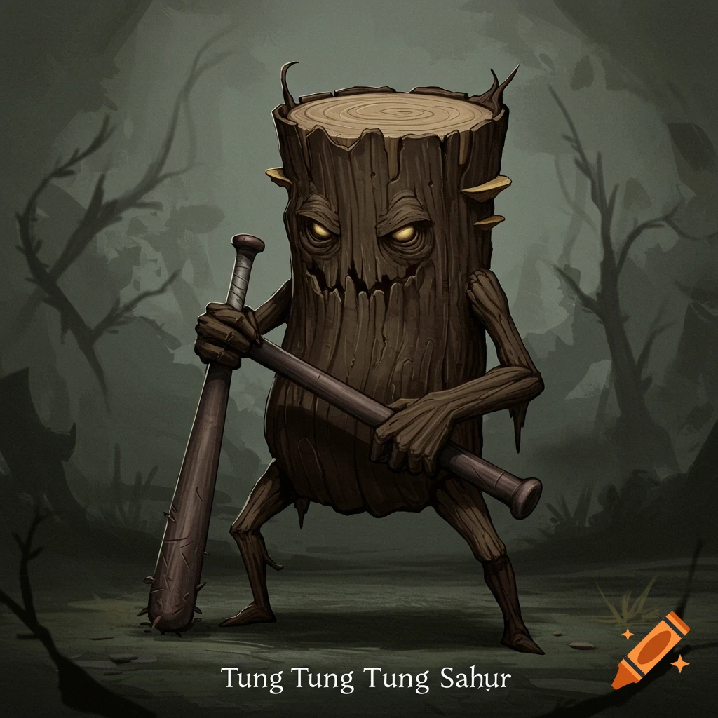 A creepy log monster holding two baseball bats in a dark forest. on Craiyon