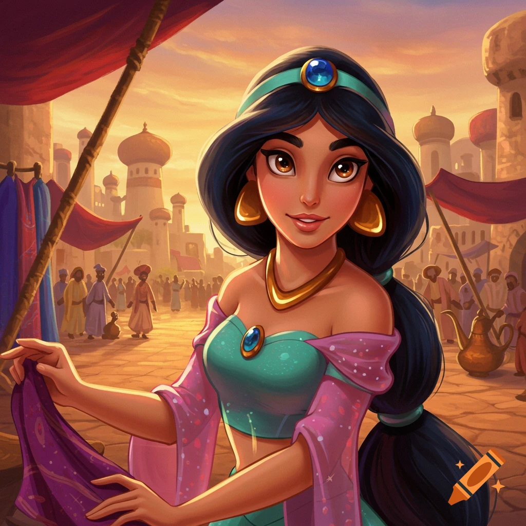 Illustrated Princess Jasmine in turquoise, with Jafar looming behind her against a desert sunset ...