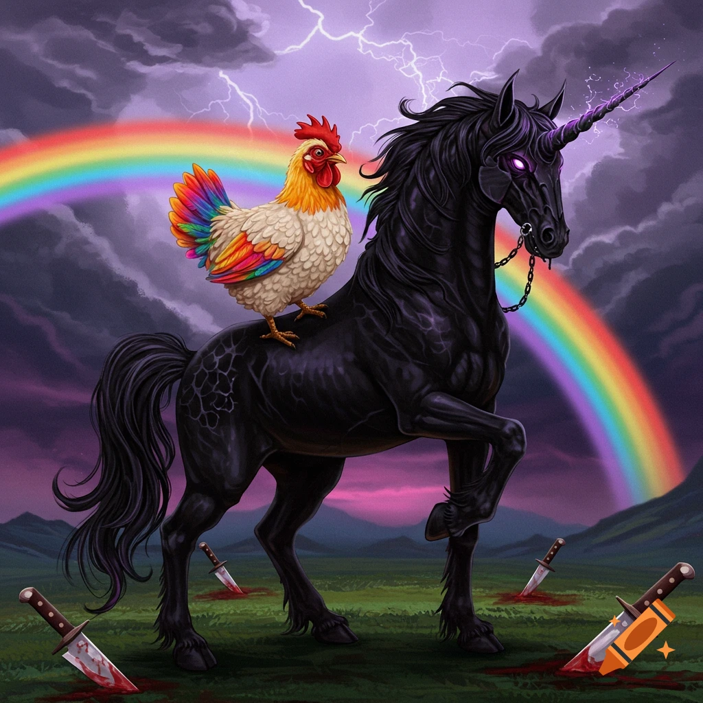 Chicken riding an evil unicorn with rainbows and knives on Craiyon