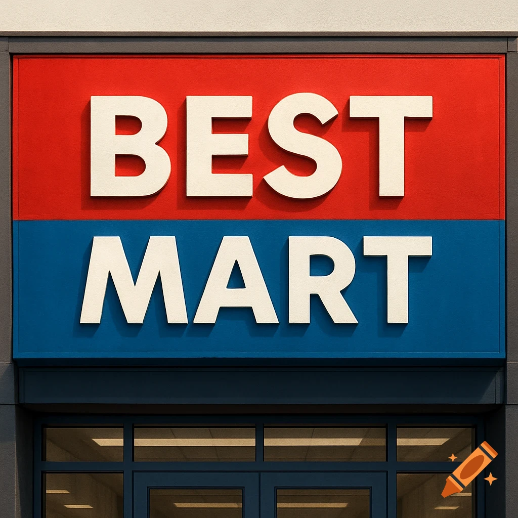 A store sign with the words "BEST MART" in white letters on a red and ...