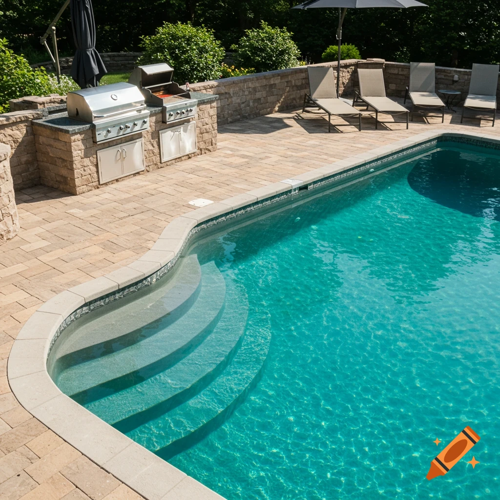 An outdoor swimming pool with stone steps, brick patio, outdoor kitchen ...