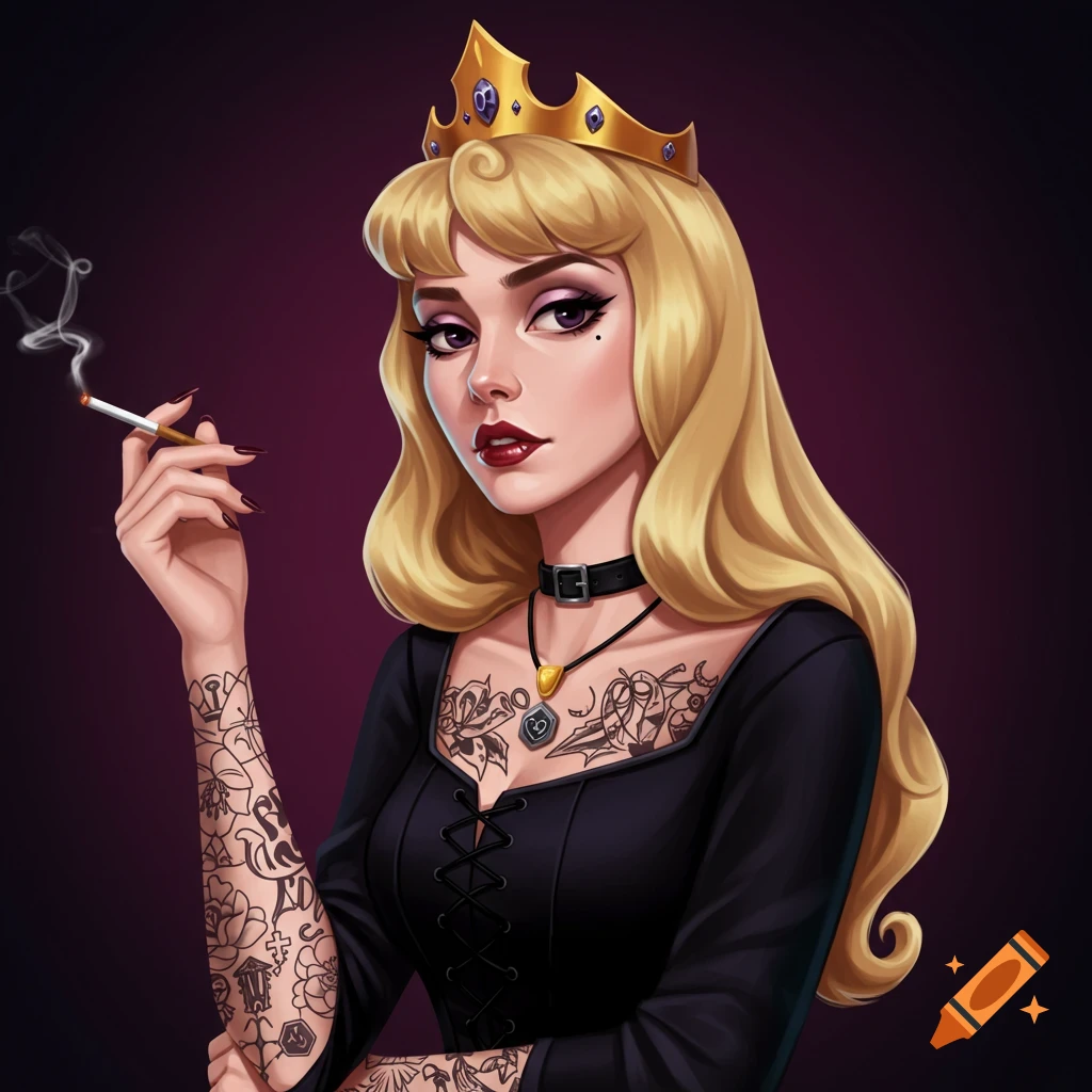 Goth princess with blonde hair and tattoos, holding a cigarette. on Craiyon