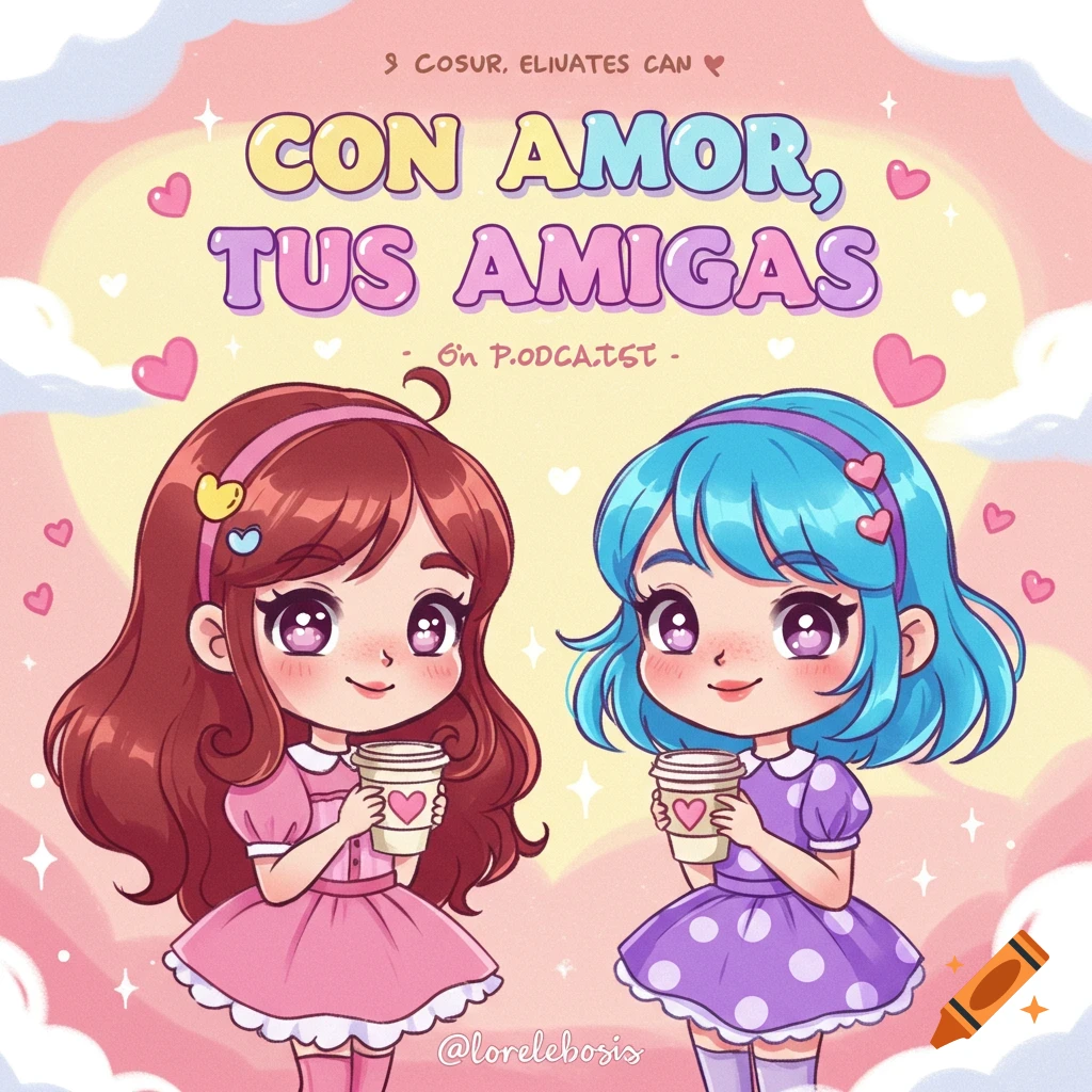 Girly podcast art with two animated girls drinking coffee on Craiyon
