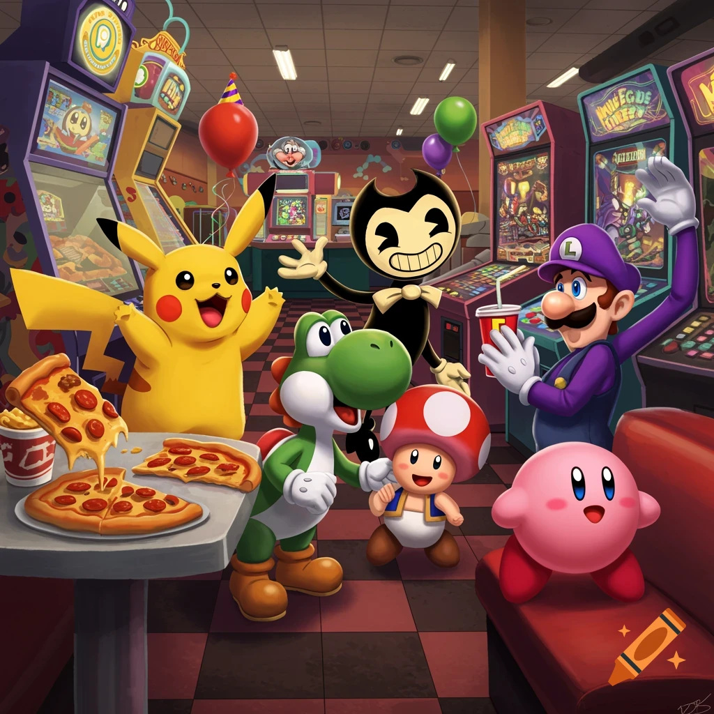 Pikachu, Bendy, Yoshi, Toad, Kirby, Luigi, and Waluigi at Chuck E ...