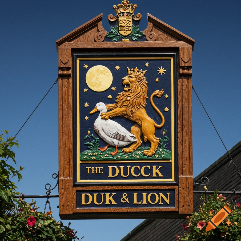 Traditional British pub sign for "The Duck and Lion" on Craiyon