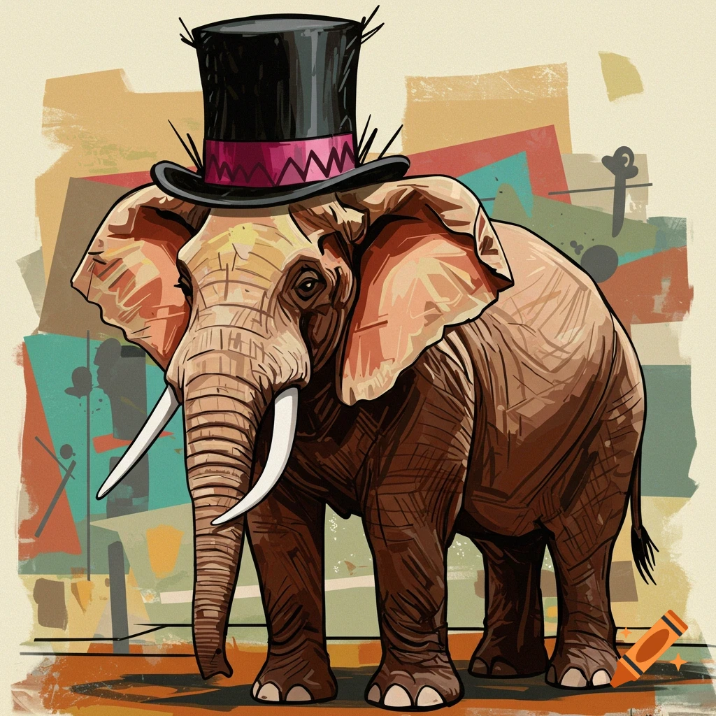 Picasso-style elephant wearing a top hat on Craiyon