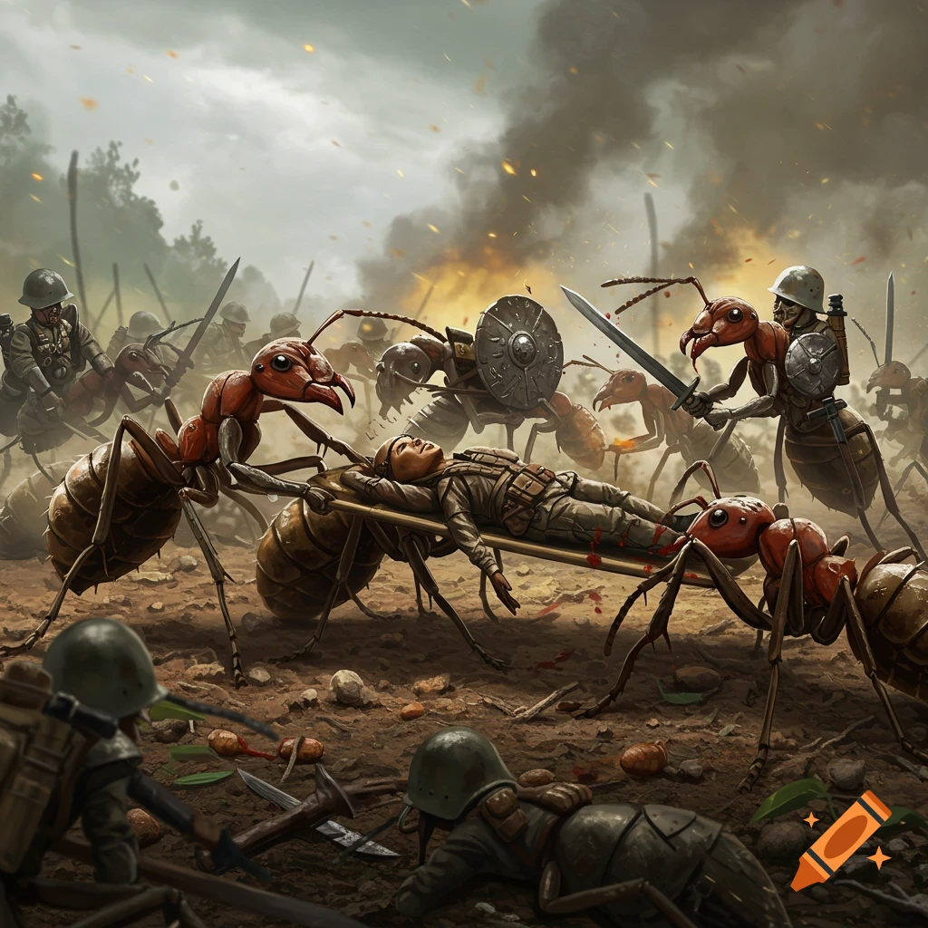Large ants in a war scene, carrying a human soldier on a stretcher. on ...