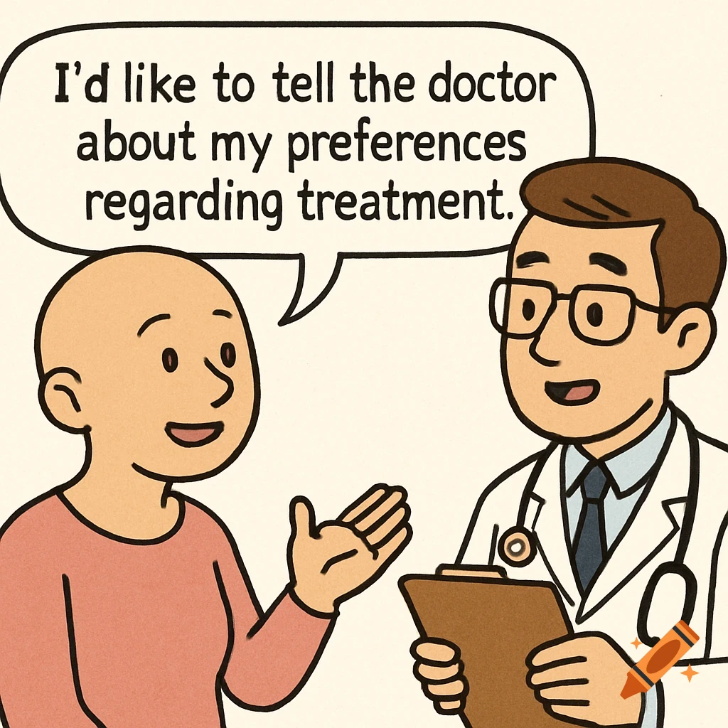 Bald woman talking to doctor cartoon on Craiyon