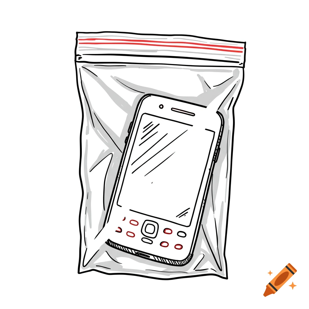 Cellphone in a ziplock bag, simple black and red drawing on Craiyon