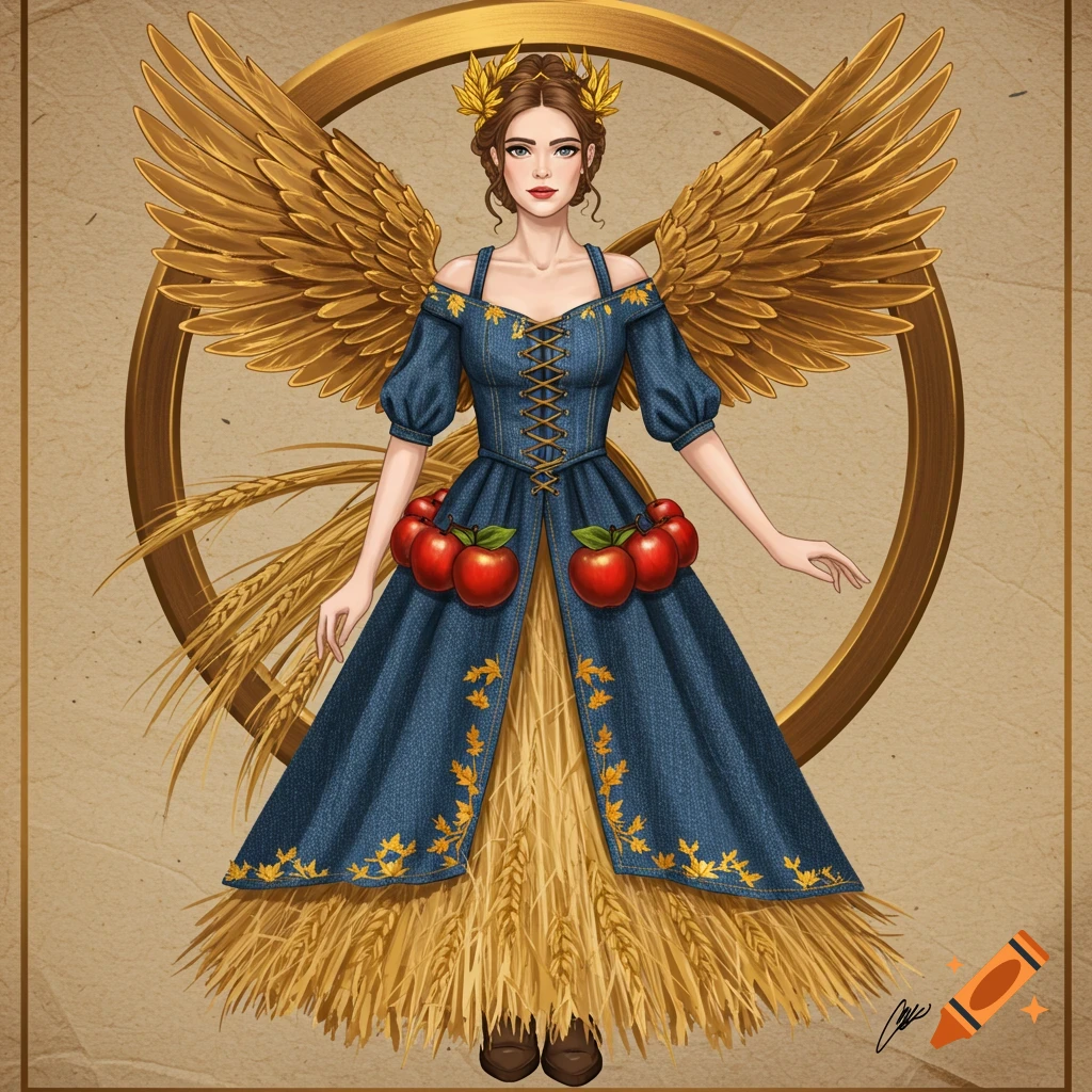 A woman in a themed dress with denim, straw, apples, and golden wings ...
