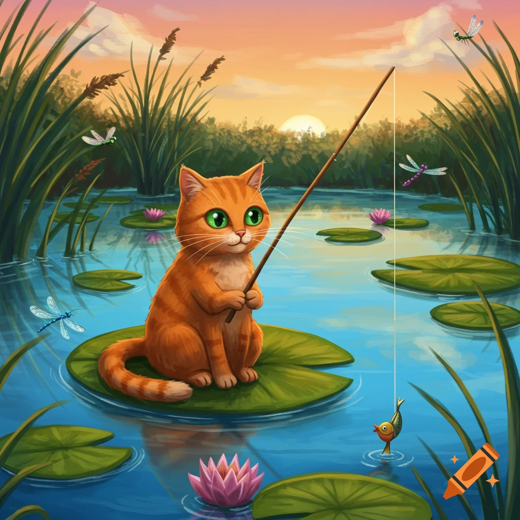 A cartoon ninja cat sits on a lily pad fishing in a pond at sunset and ...