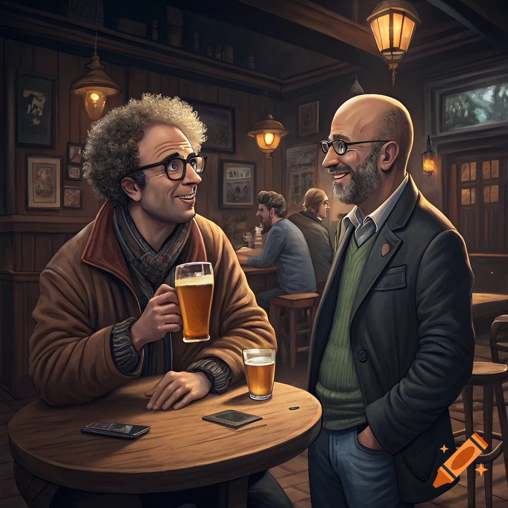Two men talking in a pub, one holding a glass of beer. on Craiyon