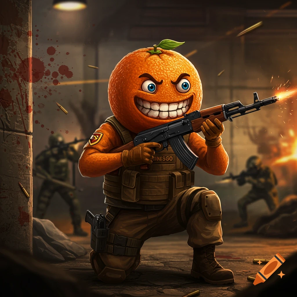 Cartoon orange character in military gear holds a rifle in a battle ...