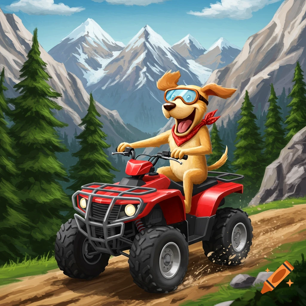 A happy cartoon dog wearing goggles and a bandana, riding a red ATV on ...