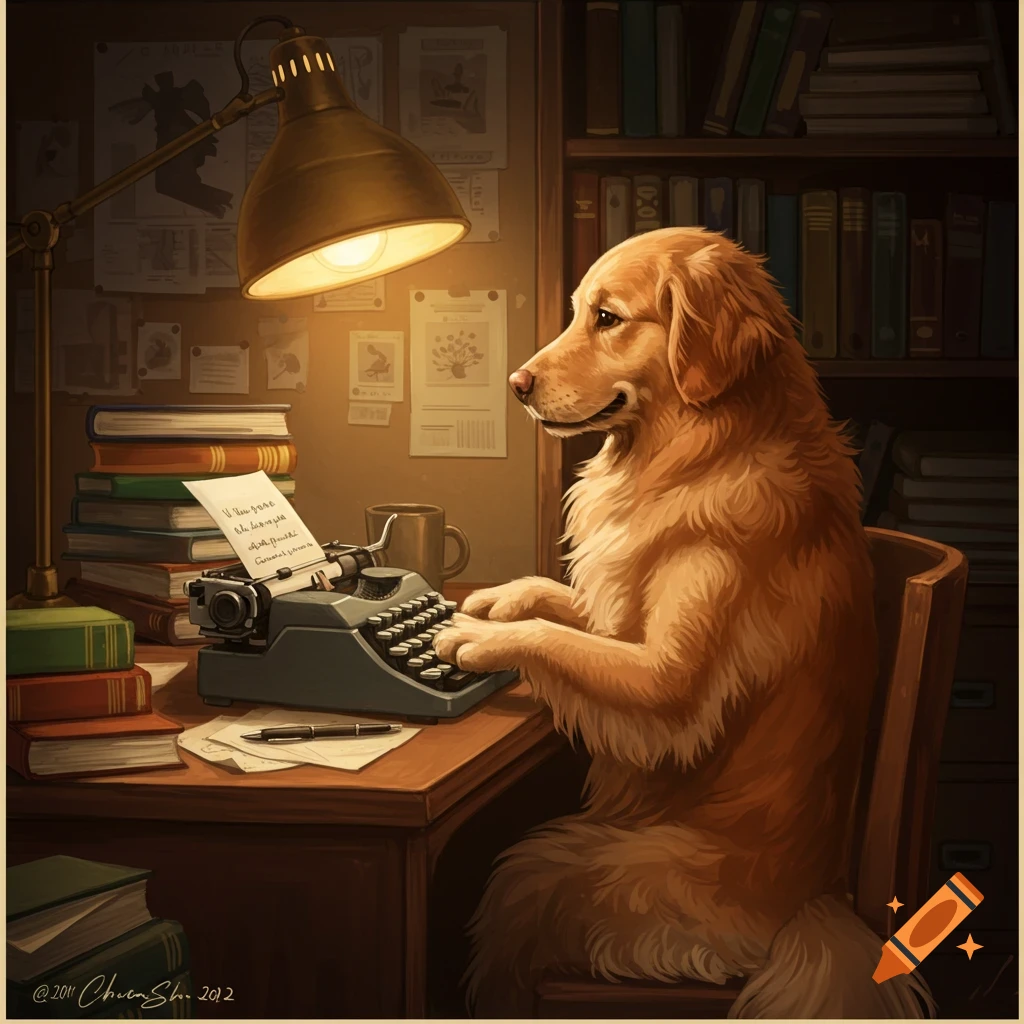 A sophisticated golden retriever in a tweed suit and bow tie sits at a ...