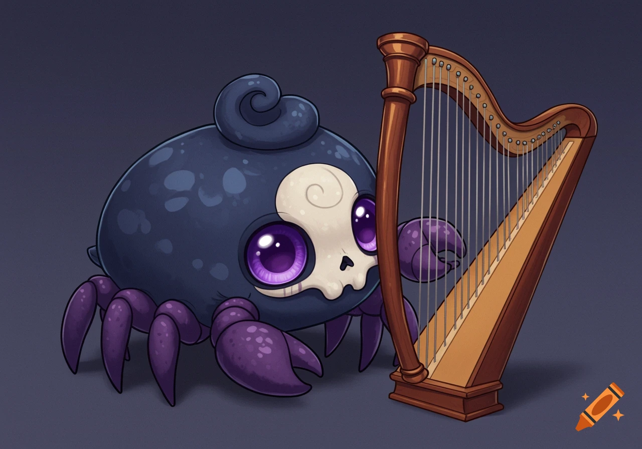 Cartoon crab-spider creature with a harp on Craiyon