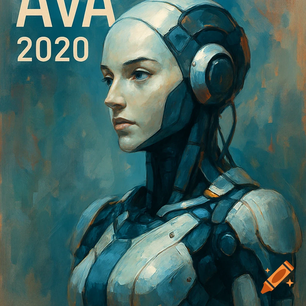 A female cyborg looks left with 'AVA 2020' text. on Craiyon