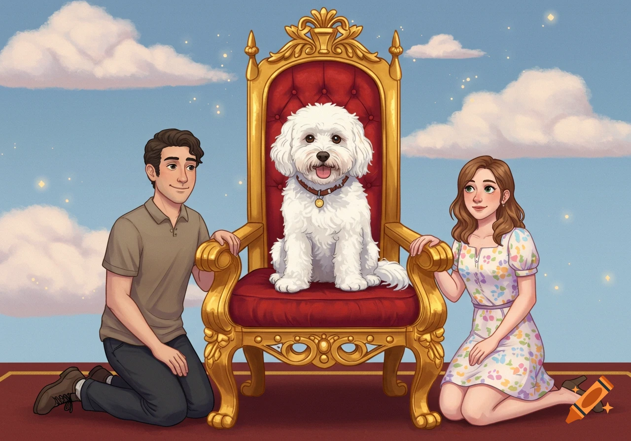 White cavapoochon dog on a throne with humans on Craiyon