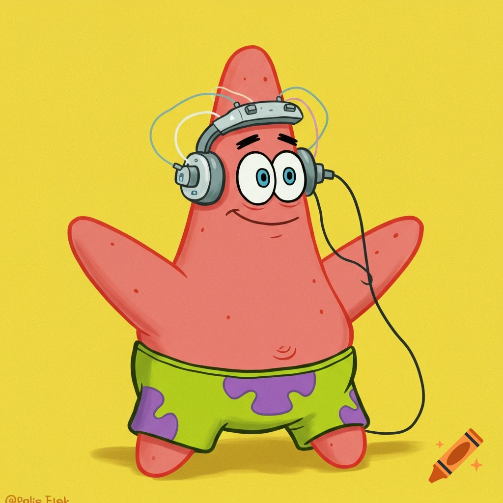 Patrick Star wearing headphones and an EEG device. on Craiyon