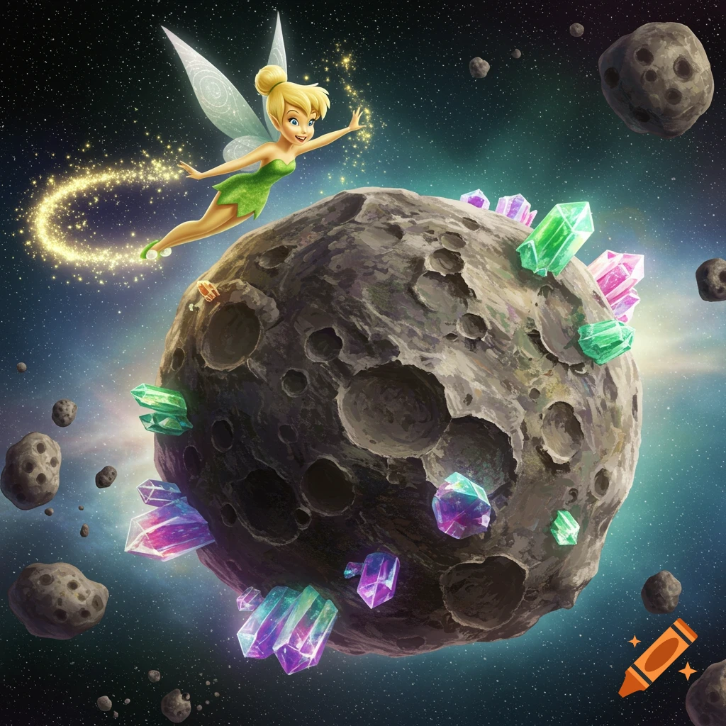 Tinkerbell flies through an asteroid field in space leaving a pixie dust trail. on Craiyon