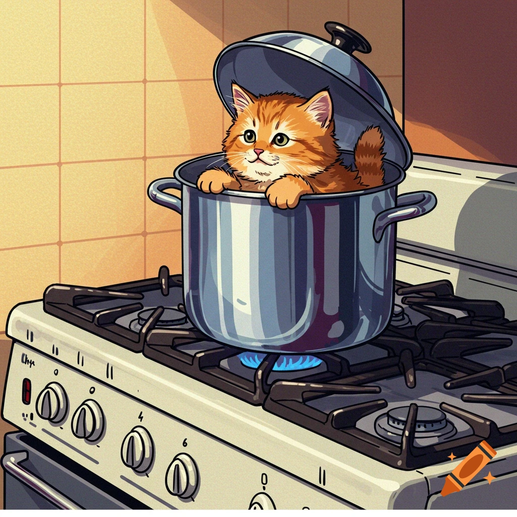 A cute orange kitten is looking out of a cooking pot on a lit gas stove ...