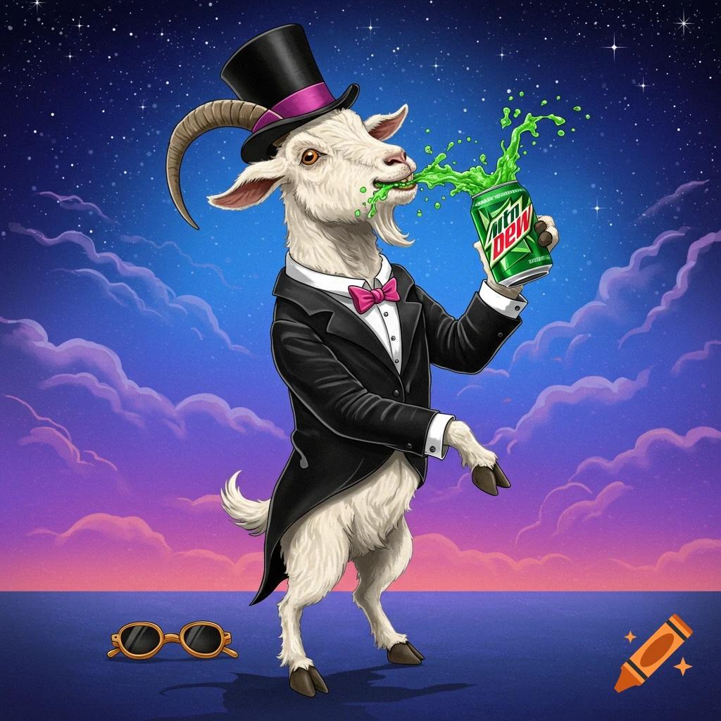 Goat in tuxedo and top hat eating Mountain Dew on Craiyon