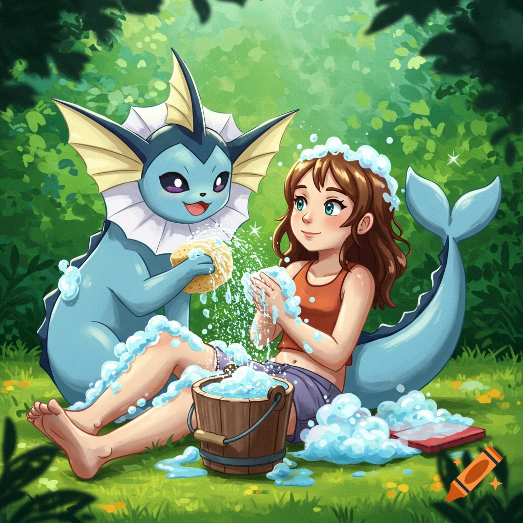 Illustration of a blue Vaporeon standing in shallow water on a beach with pink coral and clouds ...