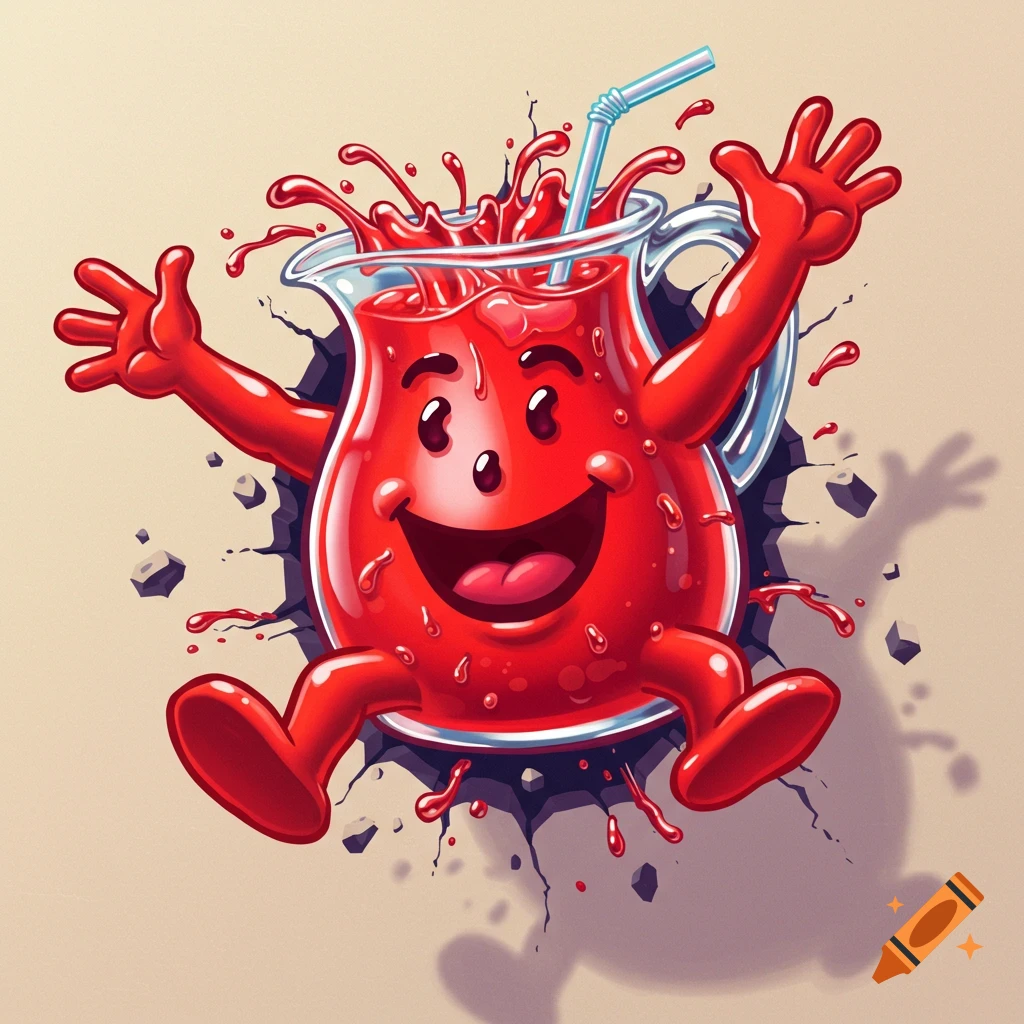 Cartoon character Kool-Aid Man bursts through a wall. on Craiyon