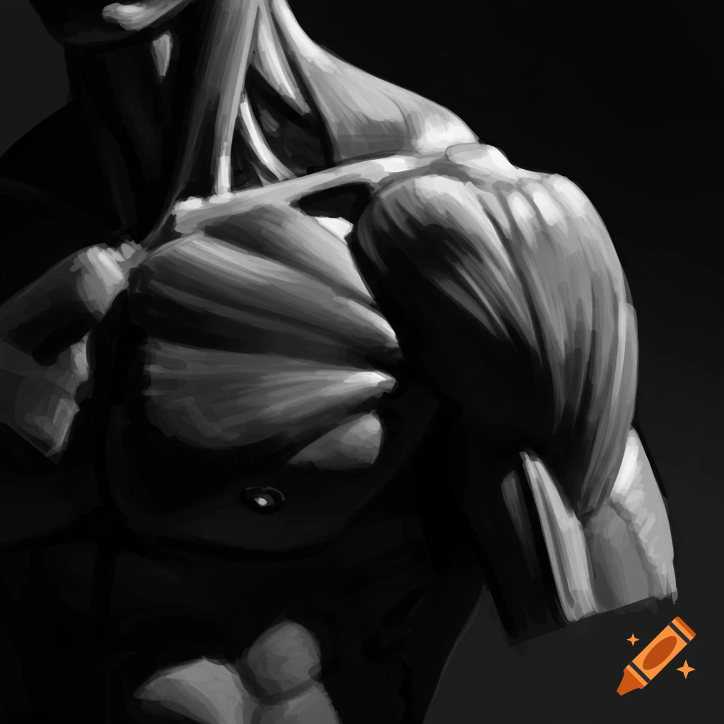 Grayscale image of male upper body muscles and shoulder on Craiyon